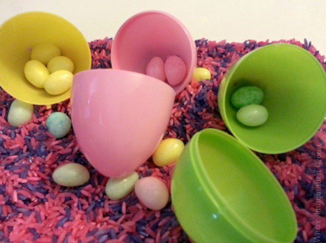 Simple Easter Egg Sensory Bin with Rice - Where Imagination Grows